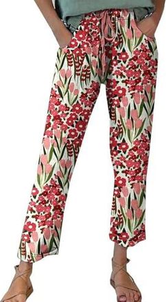 Generic Pantalon sarouel pour femme - Motif floral - Pantalon en lin pour femme - Taille haute - Léger - Coloré - Respirant - Pantalon dextérieur - Pantalon d