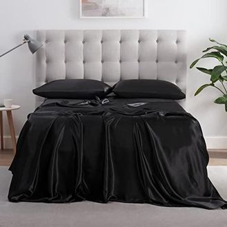 Serta Zen Rest Bettwäscheset mit Kissenbezügen, weich, leicht, tief, Satin, Kingsize, Schwarz, 4-teilig