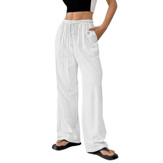 Generic Pantalon en coton et lin pour femme, pantalon d&eacute;contract&eacute; de couleur unie, taille &eacute;lastique avec poches, cordon de serrage, jambe large, confortable, 