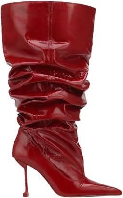 Generic SYJYM Mode Sexy Talons Hauts Pliss&eacute; Pointu Large Tube Manches Bottes pour Femmes Spicy Fashion Show Chaussures, Rouge, 39 EU