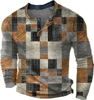 Generic Tshirt à Manches Longues Et Col Henley pour Hommes, Mode Rétro Vintage à Carreaux Imprimé Patchwork, Tshirt Homme - T-Shirt Basique à Manches Raglan L