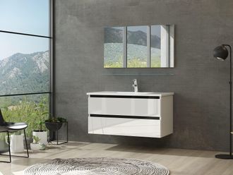 Home Line Badm&ouml;bel Set mit Schubladen Glas ablage (Dennis Weiss, 90 cm ohne Hochschrank)