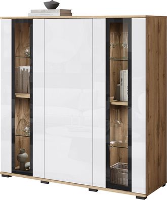 Mirjan24 Kommode Clarkoy HB 120 mit 3 T&uuml;ren, geh&auml;rtetem Glas, griffloses &Ouml;ffnungssystem, Highboard in Naturt&ouml;nen - Mehrzweckschrank (Wotan/Wei&szlig; Hochglanz, mit 