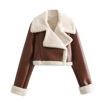 Generic Veste courte en cuir dagneau pour femme - &Eacute;pais et chaud - Style motard - Fermeture &eacute;clair - Automne et hiver - V&ecirc;tement dext&eacute;rieur vintage, marron, X