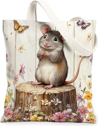 Generic Sac fourre-tout en toile avec motif de rat printanier et souris pour faire du shopping, 33 x 38,1 cm, souche de bois floral, sac d&eacute;picerie r&eacute;utilisabl