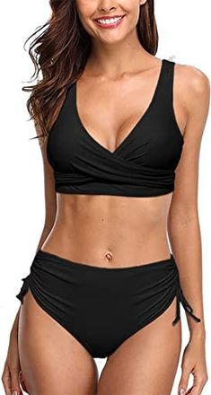 Heekpek Maillots de Bain Femme 2 Pièces Taille Haute Rembourré Bikini Push Up Ensembles Bikini Deux Pièces Maillot de Bain Dos Nu, Noir, Taille XL