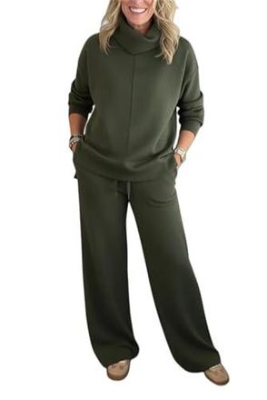 Generic Ensemble 2 pi&egrave;ces avec sweat-shirt et pantalon confortable pour femme, sweat &agrave; col montant, pantalon &agrave; jambes larges, ensemble de surv&ecirc;tement, Vert, 4