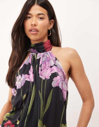 Asos Maxikleid aus elastischem Chiffon mit Print, asymmetrischem Saum und Neckholder in Schwarz mit Blumenmuster
