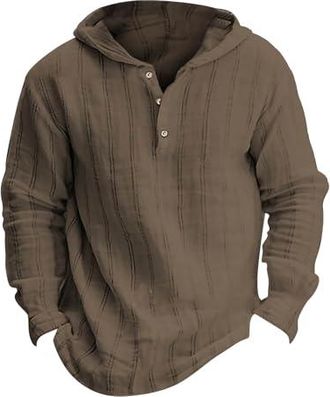 Generic Chemise en lin pour homme - Coton et lin - Sweat &agrave; capuche - Manches longues - Avec capuche - Boutonni&egrave;re - Haut &agrave; capuche - Respirant - Confortable -