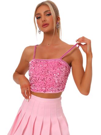 Allegra K Damen Pailletten Oberteil &Auml;rmellos Tanktop Spaghettitr&auml;ger Glitzer Cami Party Crop Top Hell Pink XS
