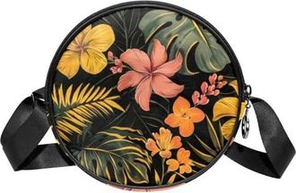 Generic Petit sac &agrave; bandouli&egrave;re rond pour femme, motif plantes tropicales, sac &agrave; dos avec fermeture &eacute;clair, bretelles r&eacute;glables, sac &agrave; main rond d&eacute;contract&eacute; p