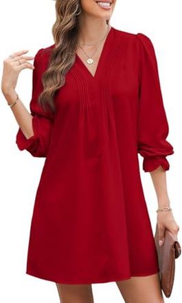 Dokotoo Robe Femme Chic et Elegant dété Manches Longues Col en V Fluide Légère à Volants Casual de Plage Mini Robes Femmes Tunique Courte Printemps Ete Décont