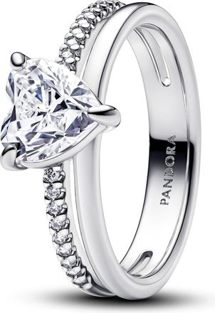 Pandora Timeless Doppelband Herz Ring aus Sterling Silber mit Zirkonia, Größe: 58, 193100C01-58