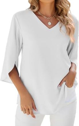 SHEKINI Chemisier Femme Chic et Élégant 3/4 Manche Courte Décontracté à Col en V Blouse Femme Été Chemisie Longue Mousseline Haut Top Coupe Ample