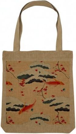 Fabulous Sac Shopping Tote Bag Aspect Lin - Carpe Koi Estampe Japon Kimono Motif Japon Tissu Orange - Sac de Courses Toile Epaisse 360g Beige Naturel Cabas Por