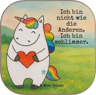 Mr. & Mrs. Panda gl&auml;seruntersetzer Einhorn Herz Design - Geschenk, Unicorn, Tassenuntersetzer, Bunt, Untersetzer f&uuml;r Gl&auml;ser, Tasse, Coaster, Freundin, Einh&ouml;rner, Holzu
