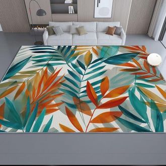 Generic Tapis de Salon Lavable - Antid&eacute;rapant &agrave; Poils Courts Doux Chambre Poil Ras Tapis Tropical Exotique Feuilles, Vert Turquoise pour Salle &agrave; Manger Chambr