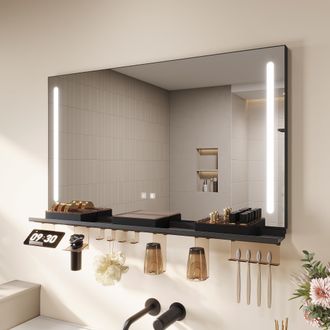 Sonni LED Badspiegel 100x60cm mit 100cm Ablage, Touch Badezimmerspiegel 3 Lichtfarben, Anti-Beschlag & Gedächtnisfunktion, Ablage mit Handyhalter + Haken + 