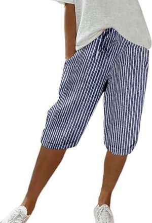 Generic Short court en coton et lin pour femme avec cordon de serrage et taille &eacute;lastique - Pantalon court ray&eacute; avec poches - Longueur genou - Pantalon d&eacute;cont