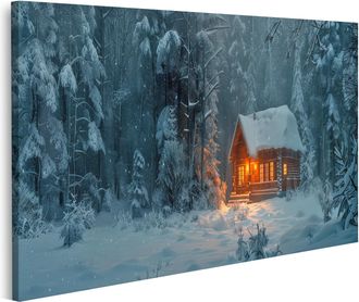 Islandburner Bild auf Leinwand Winterh&uuml;tte mit leuchtenden Fenstern in verschneitem Wald f&uuml;r gem&uuml;tliche Atmosph&auml;re Bilder Wandbilder Poster