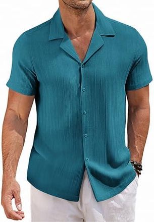 Coofandy Chemise hawaïenne pour Homme Chemise Cuba à Manches Courtes Chemise hawaïenne Chemise décontractée Unie Chemise pour Homme rayée texturée Tenue de Pla
