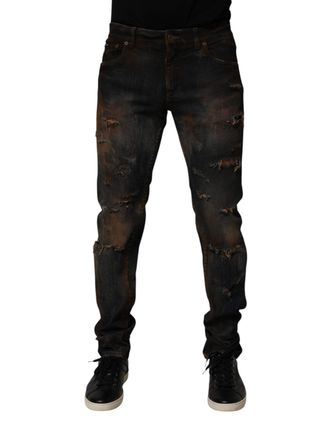 Dolce & Gabbana Black Cotton Skinny Tattered Men Denim Jeans Co+02 Clothing