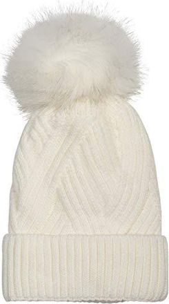 styleBREAKER Bonnet en Maille avec Pompon en Fourrure pour Femmes, orné dun Motif de côtes en Diagonale et dune Doublure en Polaire, Bonnet dhiver, Fausse Fourrure
