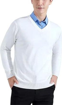 Generic Pull chaud en laine pour homme col en V ample d&eacute;contract&eacute; tricot&eacute; &agrave; manches longues pull polyvalent, blanc, XXL