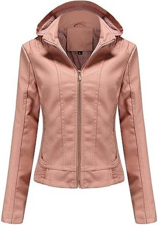 Generic Veste en cuir à capuche pour femme avec capuche amovible et fermeture éclair à manches longues en polaire, rose, L