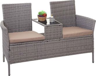 Mendler Poly-Rattan Sitzbank mit Tisch HWC-E24, Gartenbank Sitzgruppe Gartensofa, 132cm - grau, Kissen Creme