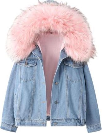Generic Veste en jean &eacute;paisse et chaude en coton pour femme avec doublure en polaire Sherpa, rose, XXL