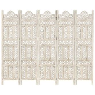 Generic 5 teiliger Faltbarer Sichtschutz Raumteiler Trennwand Raumtrenner aus Holz mit Handgeschnitzten Mustern Home Office Deko, Wei&szlig; 200x165cm Mango Massivh
