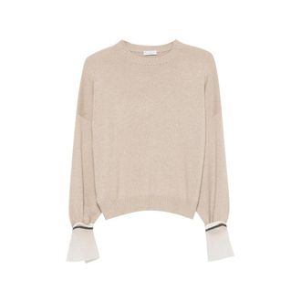 Brunello Cucinelli Cashmere Crew-Neck with Silk Cuffs Sweater - Beige