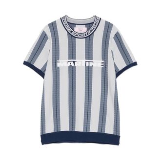 Martine Rose Homme, Tops, Bleu, Taille: L Col rond c&ocirc;tel&eacute; avec logo jacquard