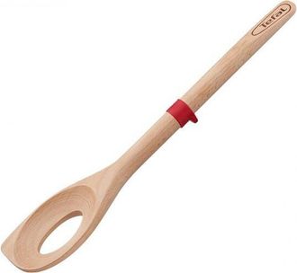 T-fal Ingenio Holz-Risotto-Löffel, Buchenholz, Silikon, praktischer rutschfester Sicherheitsring aus Silikon, geringe Wärmeleitung, Braun / Rot, 38.4 x 9.2 