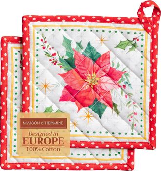 Maison d'Hermine Maison dHermine Topflappen, 100% Baumwolle, hitzebest&auml;ndig, Set mit 2 Hotpads mit Schleife zum Backen, Grillen, Umgang mit hei&szlig;en Pfannen, Poinsettia 