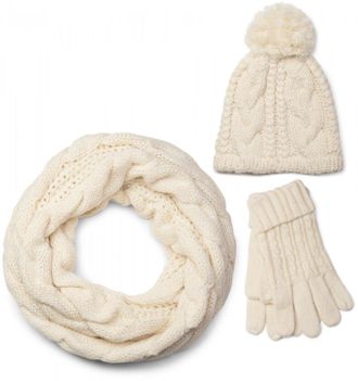styleBREAKER Schal, M&uuml;tze und Handschuh Set, Zopfmuster Strickschal mit Bommelm&uuml;tze und Handschuhe, Damen 01018208, Farbe:Creme-Beige / Loop Schlauchschal (One Siz