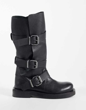 Asos Clover Boho-Stiefel mit Schnalle und weitem Schaft in Schwarz aus Leder