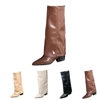 Generic Bottes montantes pliables à bout pointu et à talon épais pour femme - Chaussures souples et confortables à enfiler - En caoutchouc antidérapant, marro