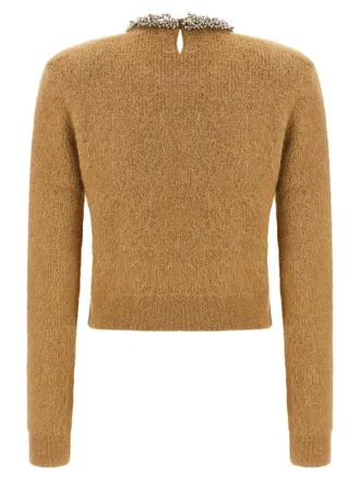 Self Portrait Jewel-Embroidered Crew Neck Sweater - Camel