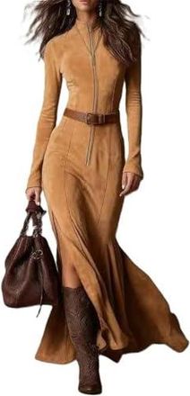 ORANDESIGNE Robe Western Femme Effet Daim Robes Midi Moulante &agrave; Fermeture &eacute;clair Robe Sir&egrave;ne Vintage &agrave; Col Montant A Brun Clair L