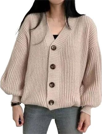 Generic Pull r&eacute;tro polyvalent &agrave; col en V pour femme - Couleur unie - Manches longues - Col en V - Boutonn&eacute;, Abricot, XL