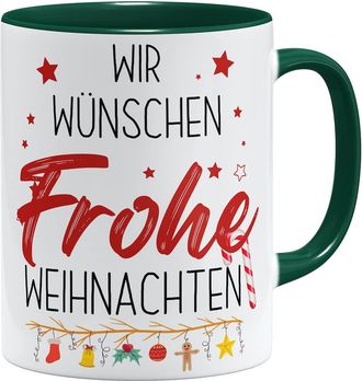 OM3 wir w&uuml;nschen Frohe Weihnachten Tasse Merry Christmas - Keramik Becher - 11oz 325ml - Beidseitig Bedruckt - Gr&uuml;n