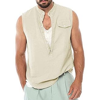 Generic Chemise d&eacute;t&eacute; en coton et lin pour homme - Haut dentra&icirc;nement pour homme - Haut d&eacute;t&eacute; - Couleur pure - Chemise d&eacute;contract&eacute;e sans manches - Tunique respi