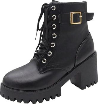 Generic Bottines Femme Lacets Boucle Décorative Semelle Plateforme Chunky Bout Rond Style Gothique Bottes en Cuir Synthétique Style Britannique Boots Automne 