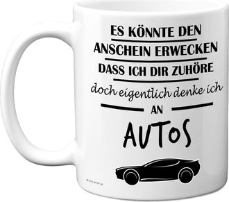 Stuff4 Tasse mit Spruch für Auto-Enthusiasten - Eigentlich Denke Ich an Autos - Lustige Tassen Kaffeetasse Lustig für Männer und Frauen - 325 ml Keramiktasse