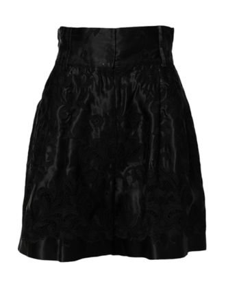 Dolce & Gabbana Womens Black Floral Embroidery Silk High Waist Shorts Cotton Polyester