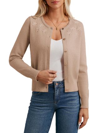 Grace Karin Damen Strickjacke Casual Kurz Cardigan Langarm Button Down Rundhals Cardigan Helles Khaki XXL