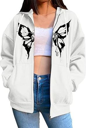 Generic Vestes pour femmes 2026 &agrave; capuche imprim&eacute; gothique avec cordon de serrage et poche zipp&eacute;e &agrave; manches longues, manteau ample pour adolescentes, blanc, 3