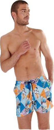 HOM Short de Bain Port CROS Board, Imprim&eacute; Carte Postale Losanges, Orange/Bleu, L Mens